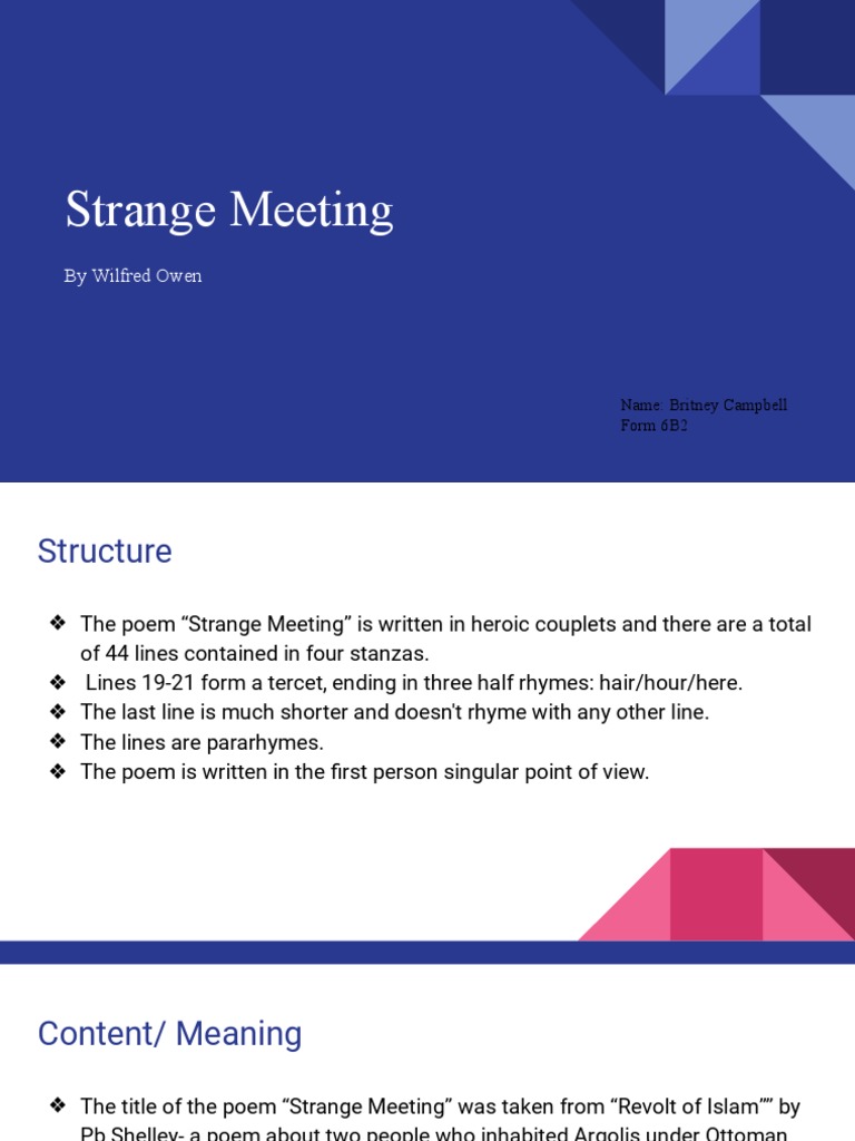 Analysis of Wilfred Owen's "Strange Meeting" | PDF | Poetry | Stanzaic Form