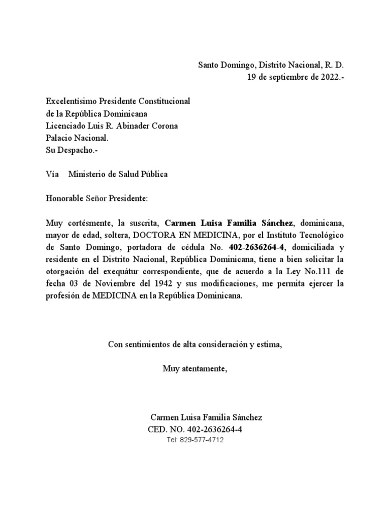 Carta Al Presidente Exequatur | PDF