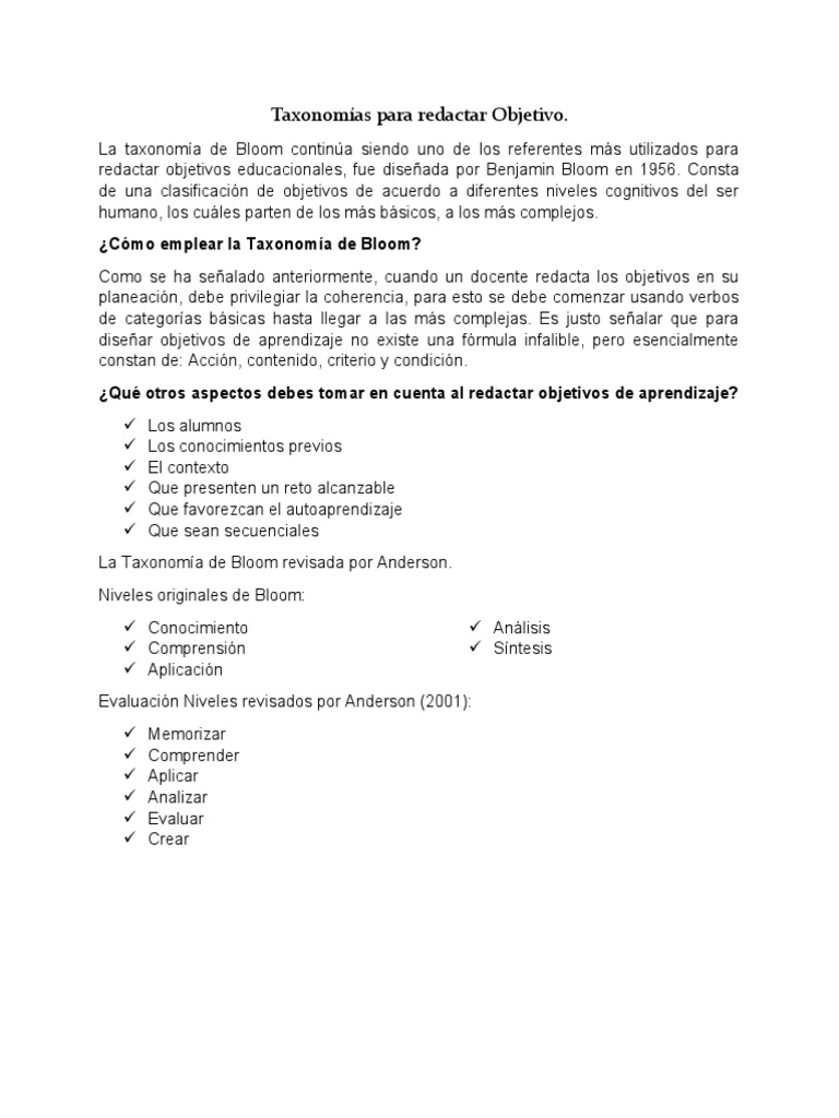 Taxonomias para Redactar Objetivo | PDF | Aprendizaje | Creatividad