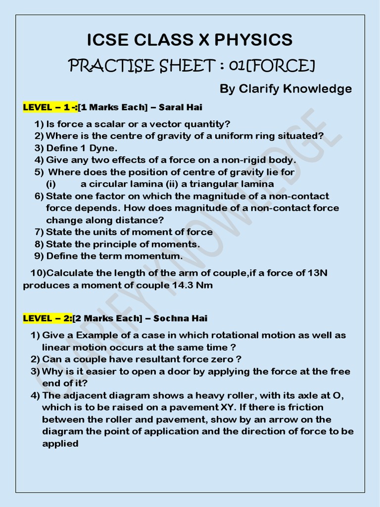 Icse Class X Physics Practise Sheet 1 Force | PDF | Force | Euclidean Vector
