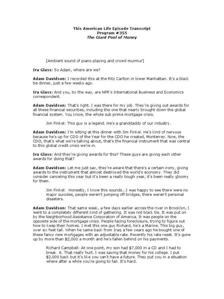 The Giant Pool of Money NPR Transcript | PDF | Collateralized Debt ...