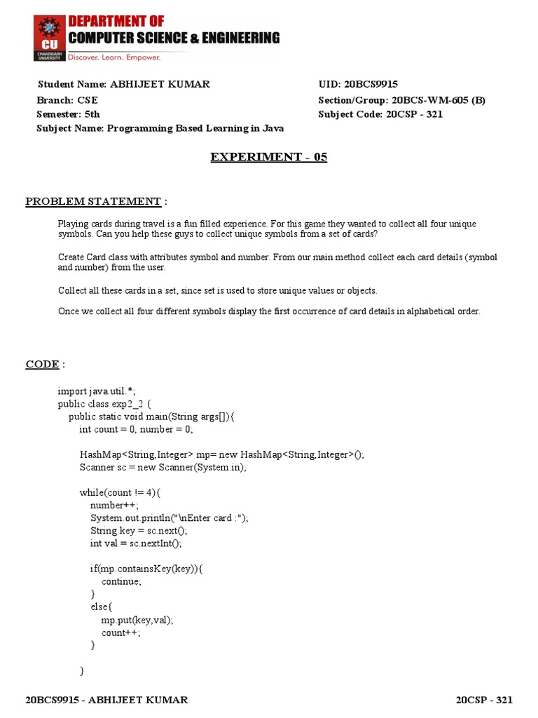 20BCS9915 - Abhijeet Kumar - PBLJ - Experiment 05 | PDF