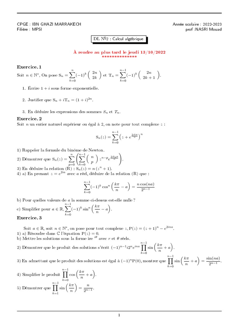 Exercices de Calcul Algébrique MPSI | PDF | Mathématiques | Objets ...