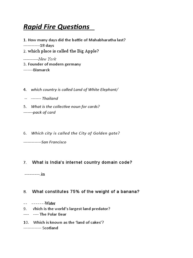 Rapid Fire Quiz Questions and Answers | PDF
