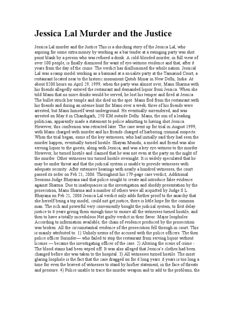 Jessica Lal Murder Case Overview | PDF | Criminal Justice | Crime ...