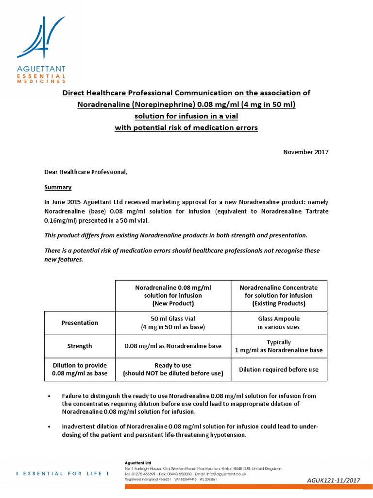 Noradrenaline DHPC 10012018 | PDF | Intravenous Therapy | Therapy