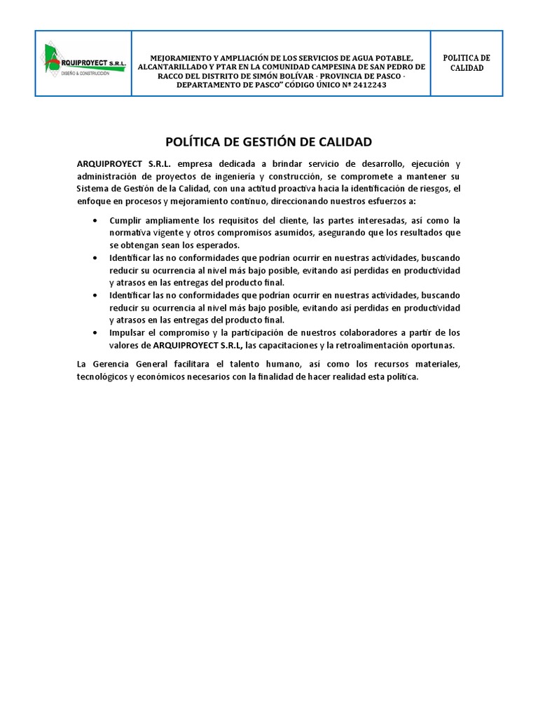 Política de Gestión de Calidad | PDF