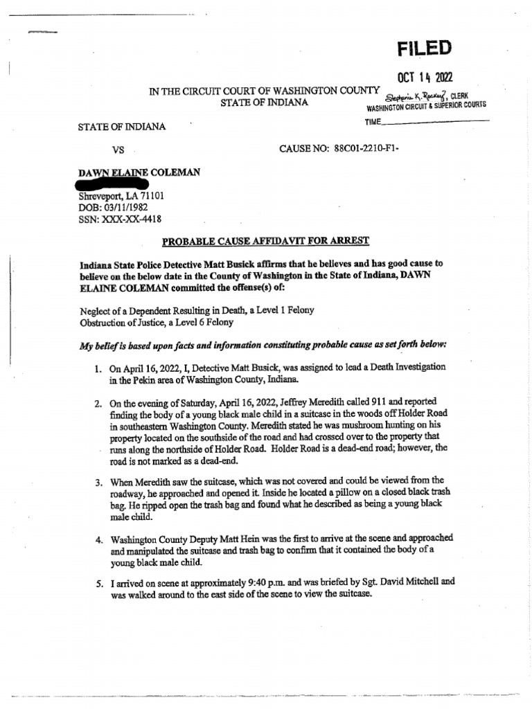 Arrest Affidavit For Dawn Coleman | PDF