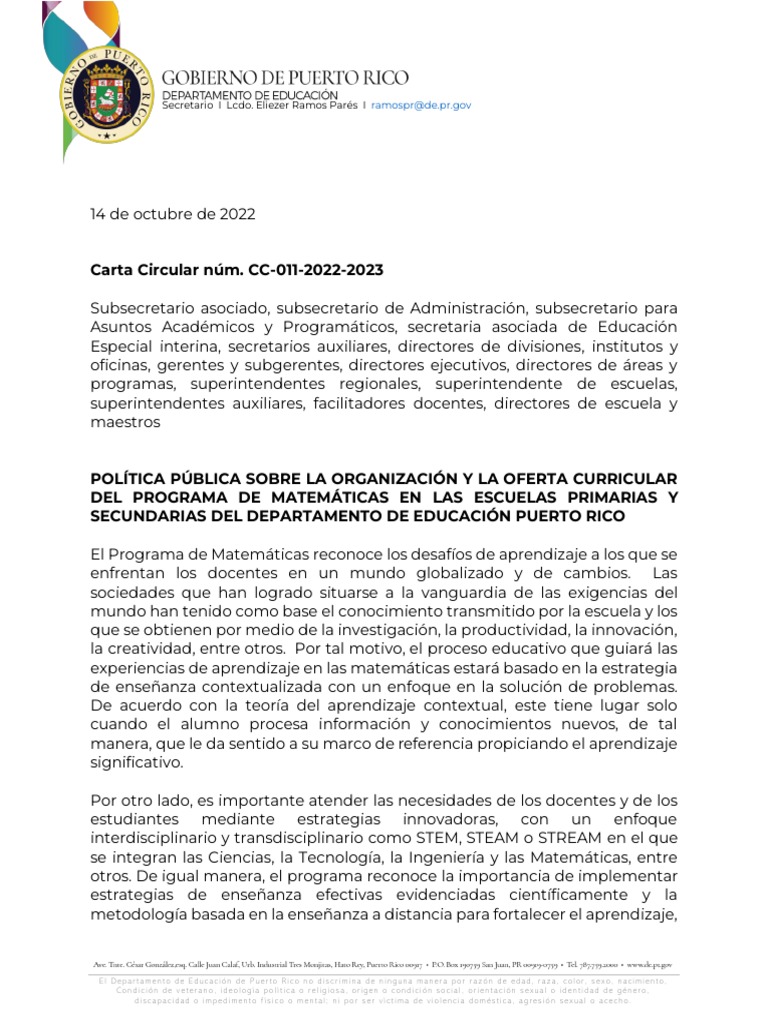 Carta Circular Num. 11 2022 2023 Firmado | PDF | Educación primaria | Plan de estudios