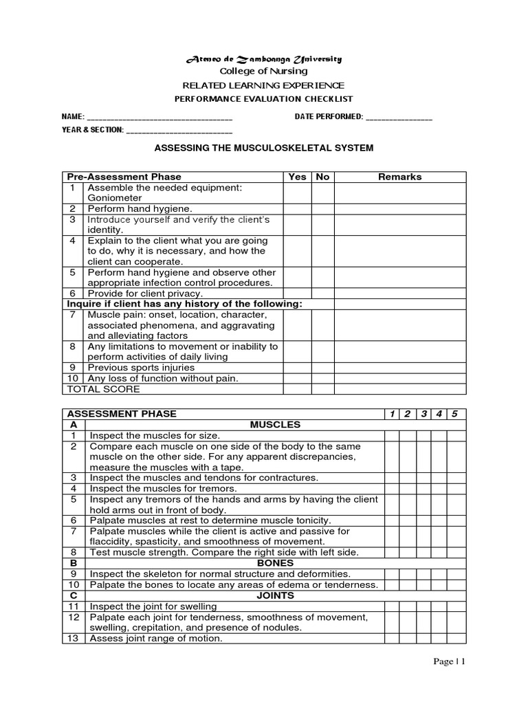 Muscular Assessment Checklist | PDF | Skeletal Muscle | Human ...