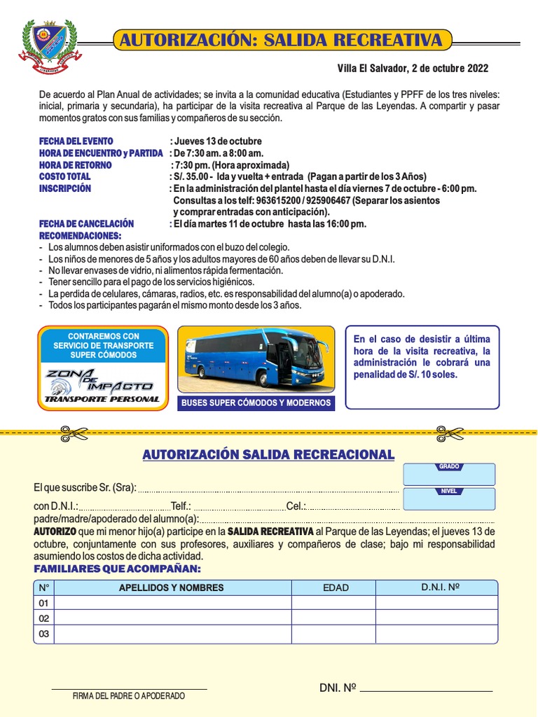 Autorización Salida Escolar | PDF