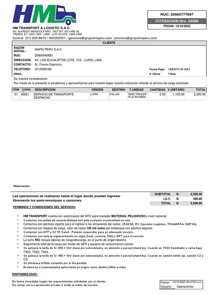 Cotización Transporte HM Logistic S.A.C. | PDF