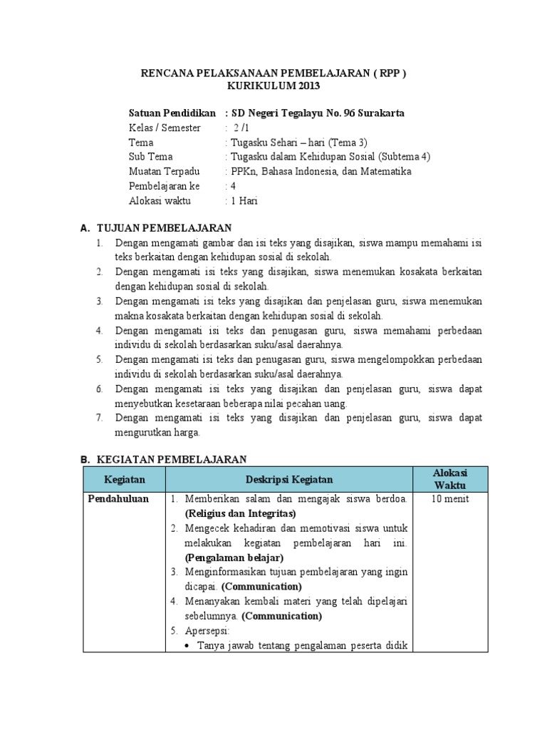 RPP Kelas 2 Tema 3 Subtema 4 PB 4 | PDF