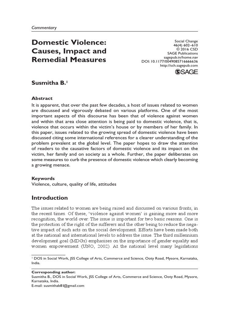 Domestic Violence: Causes, Impact and Remedial Measures: Susmitha B ...