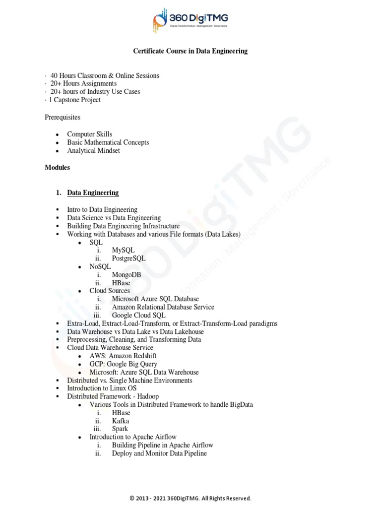 Certificate Course in Data Engineering - 40hrs | PDF | Apache Spark | Databases