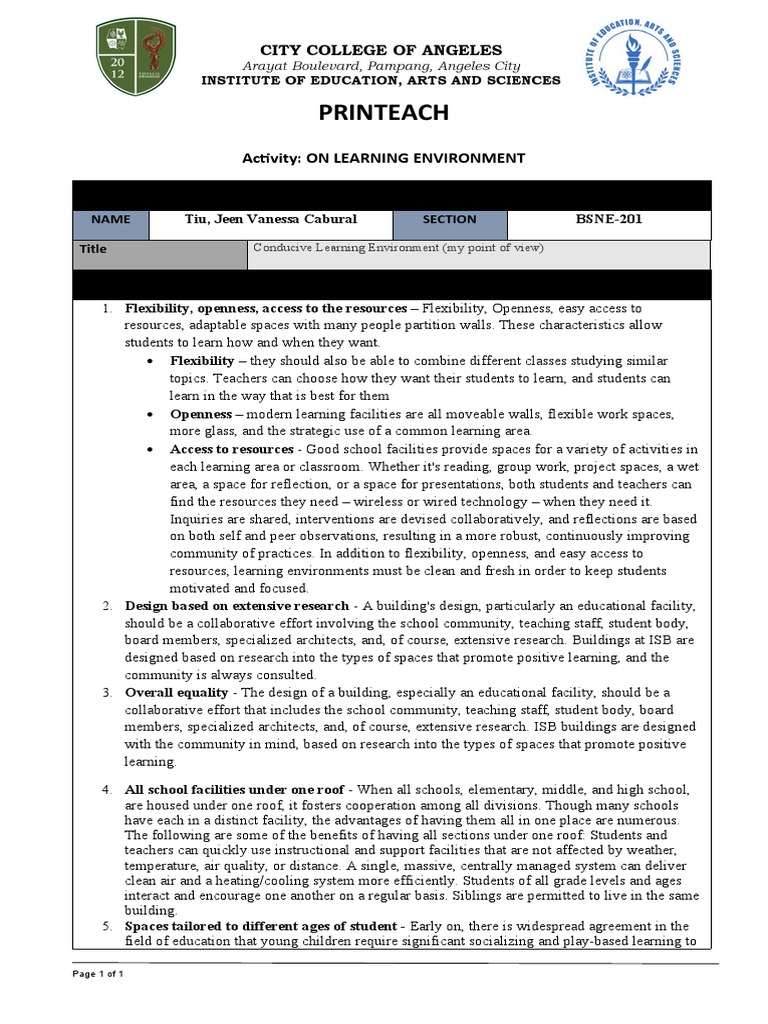 Jeen Vanessa Tiu - Activity On Learning Environment | PDF | Schools | Teachers