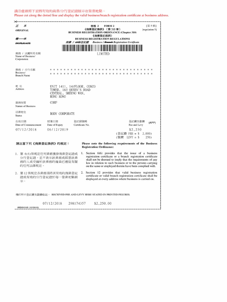 Business Registration Certificate Hong Kong Sample 1563425774 | PDF
