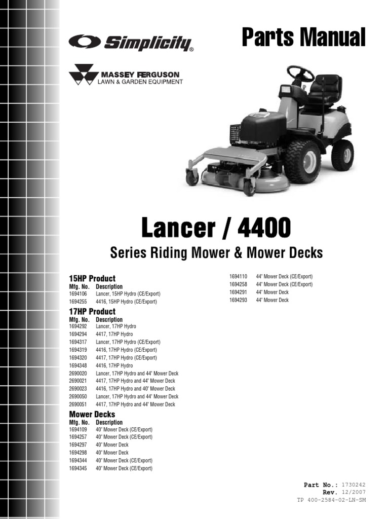 Simplicity Lancer 4400 Parts Manual 126590 | PDF | Screw | Axle