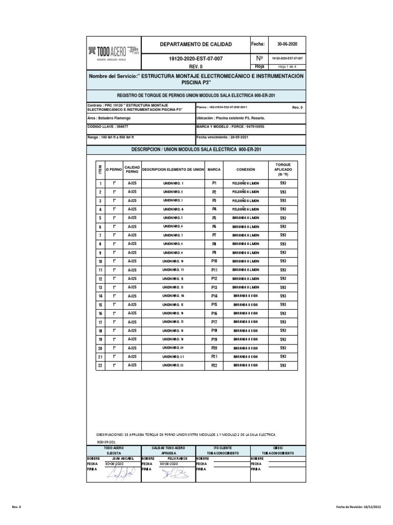 19120-2020-EST-07-007 Torque Pernos Union Sala Electrica | PDF