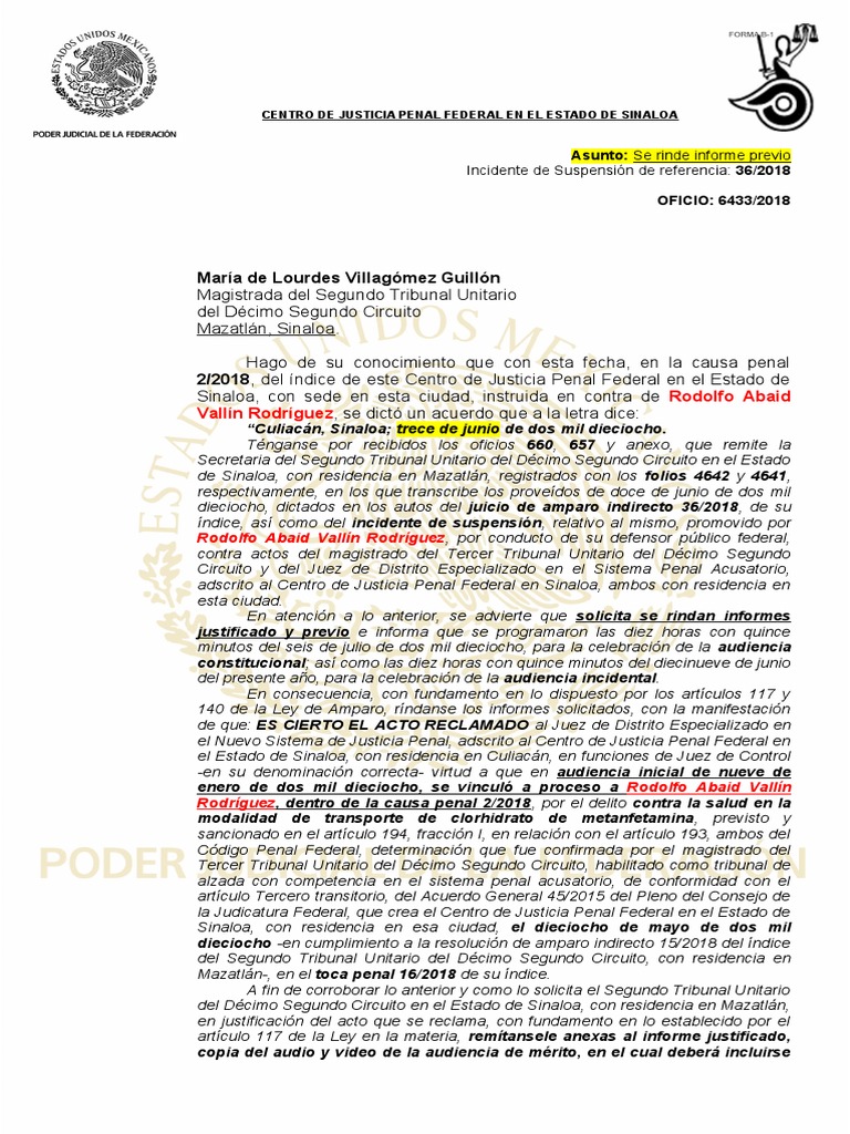 Formato Oficio Informes Previo y Justificado | PDF | Procedimiento Criminal | Juez