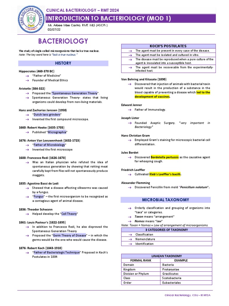 Mod 1 - Introduction To Bacteriology | PDF | Cell (Biology) | Growth Medium