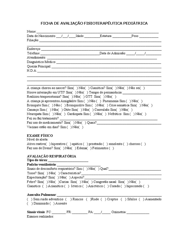 Ficha de Avaliação Fisioterapêutica Pediátrica | PDF | Sistema de saúde ...