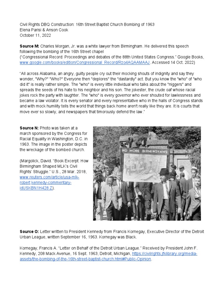 Civil Rights DBQ Construction - 16th Street Chapel Bombing WITH ...