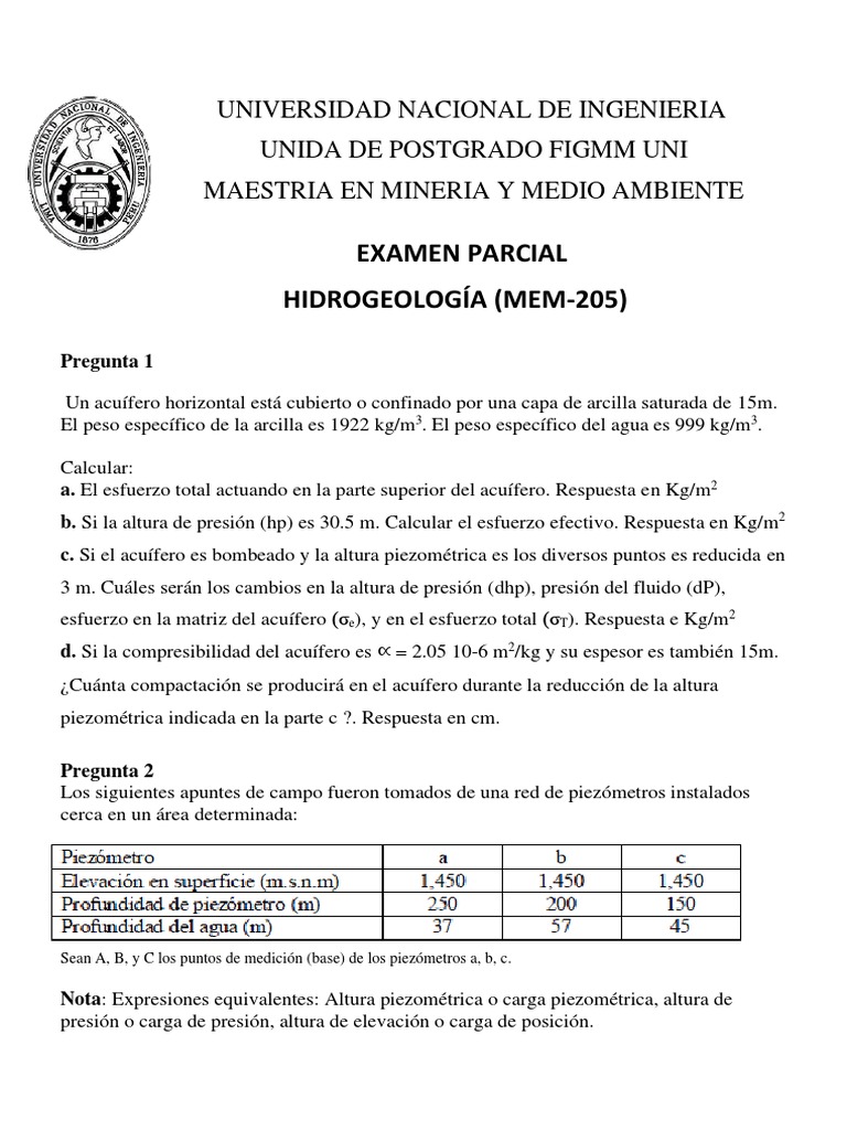 Mem 205 - Examen Parcial, 2022-Ii | PDF | Agua subterránea | Geografía ...