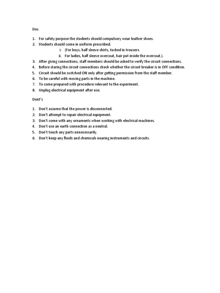 Dos and Donts For Electrical Lab | PDF