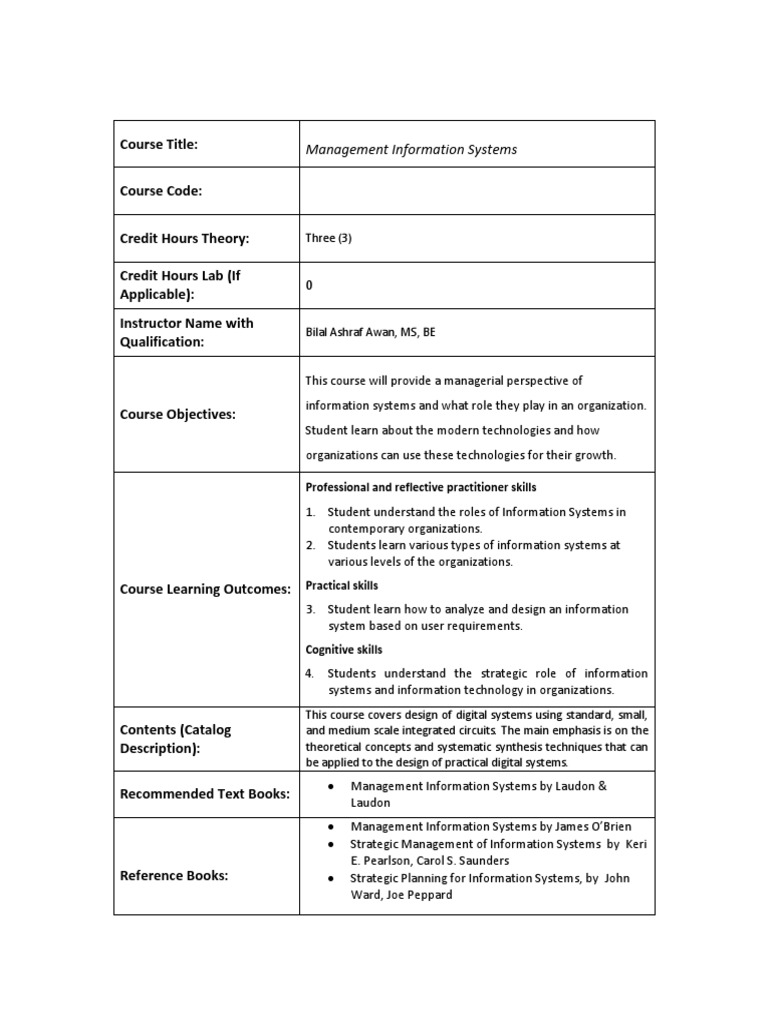 Course Outline Management Information Systems CLOs | PDF | Information ...