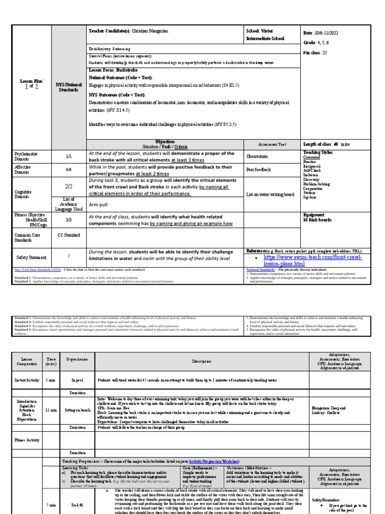 Vis Swimming 3 Backstroke | PDF | Lesson Plan | Teachers