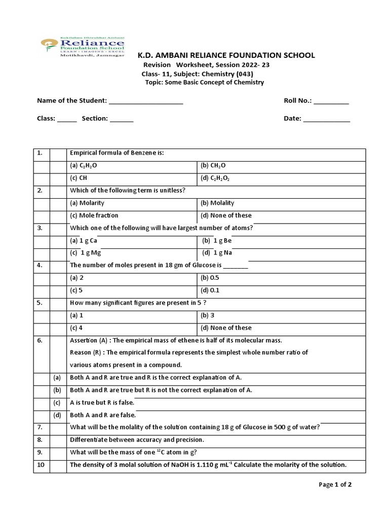 Class 11 Chemistry Worksheet: Basics | PDF | Mole (Unit) | Atoms