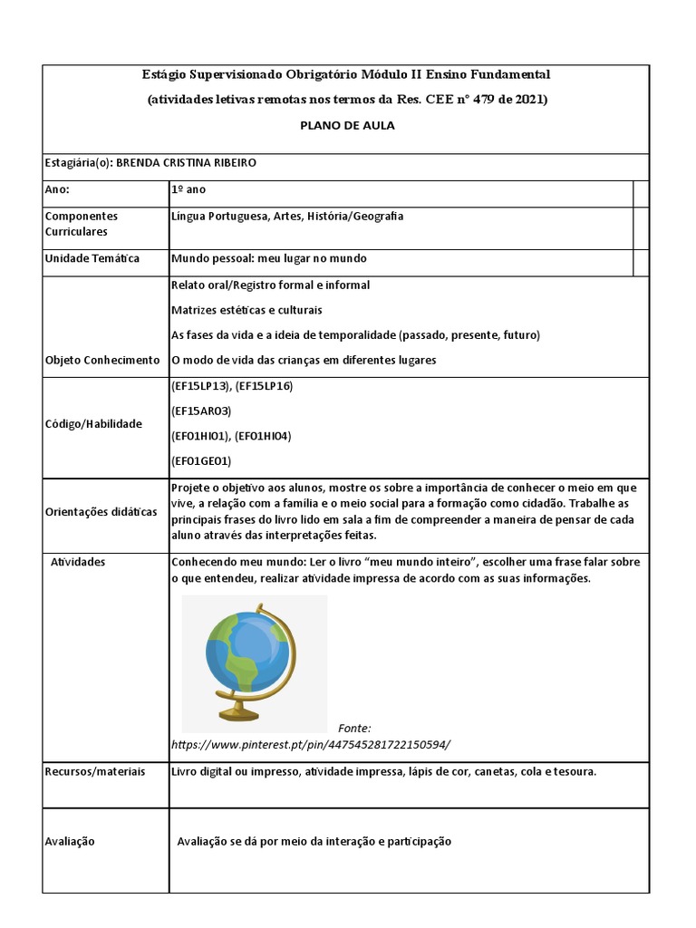 Plano de Aula 1º Ano | PDF