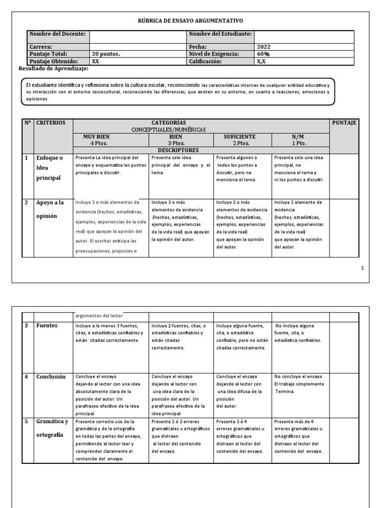 Rubrica de Ensayo Argumentativo | PDF | Ensayos | Gramática