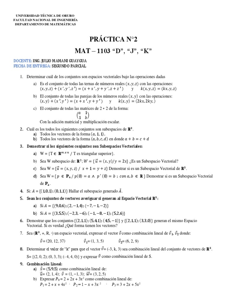 Practica 2 MAT 1103 Semestre II - 22 | PDF | Espacio vectorial | Vector Euclidiano