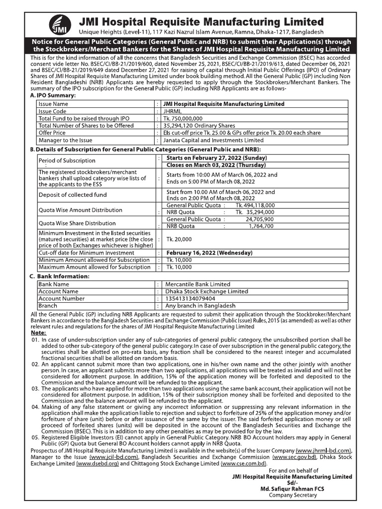 Notice For GP - JMI Hospital Requisite Manufacturing Ltd. | PDF