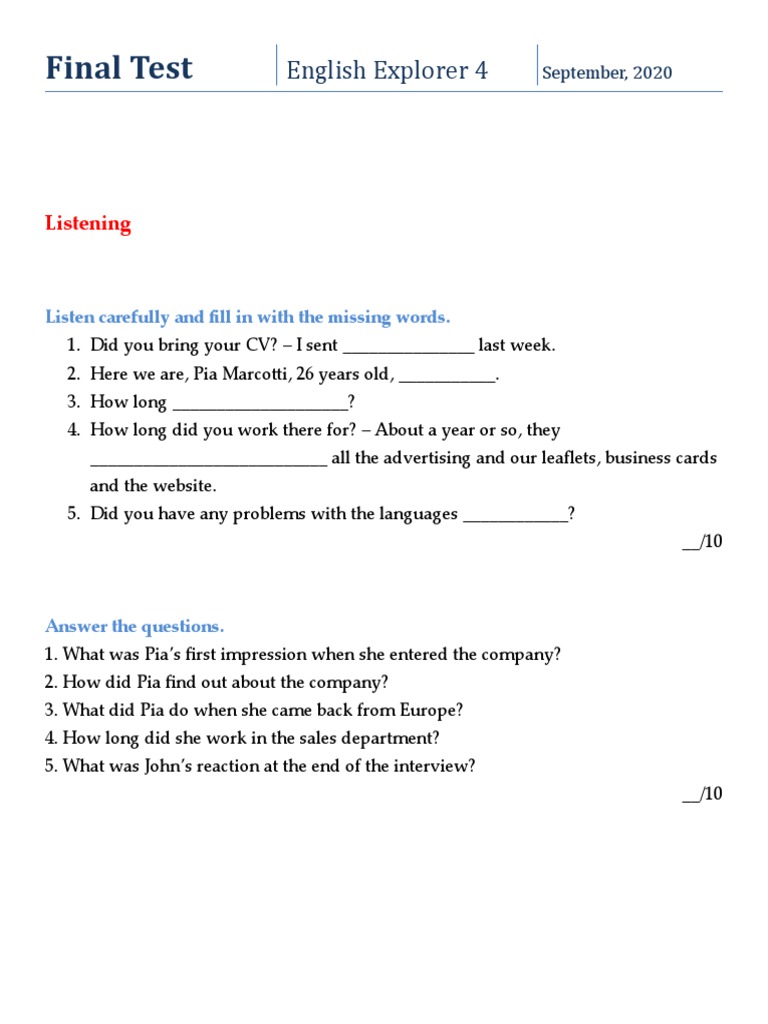 English Explorer 4 Final Test | PDF | Phrase | Verb