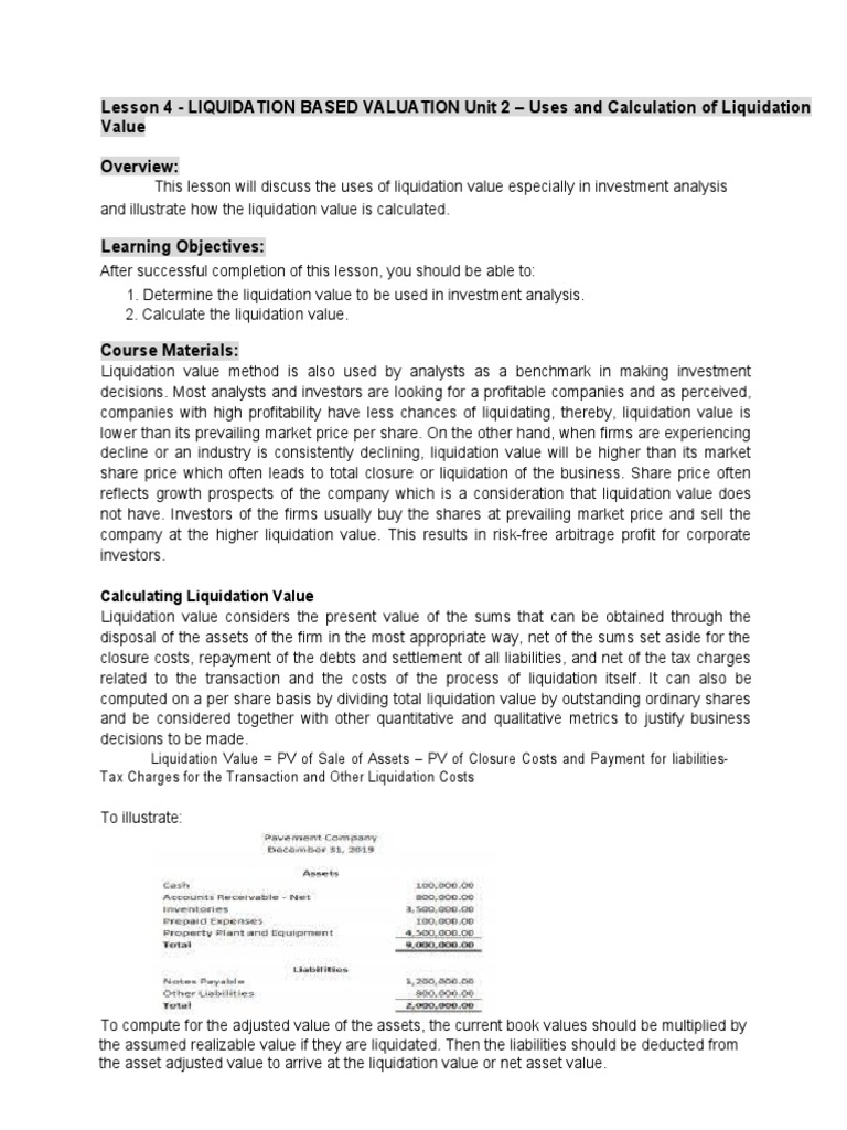 Calculating Liquidation Value and its Use in Investment Analysis | PDF