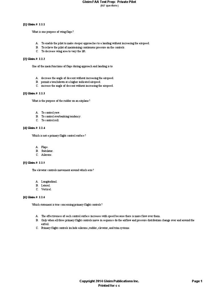 Gleim FAA Test Prep Private Question PDF Flight Control Surfaces
