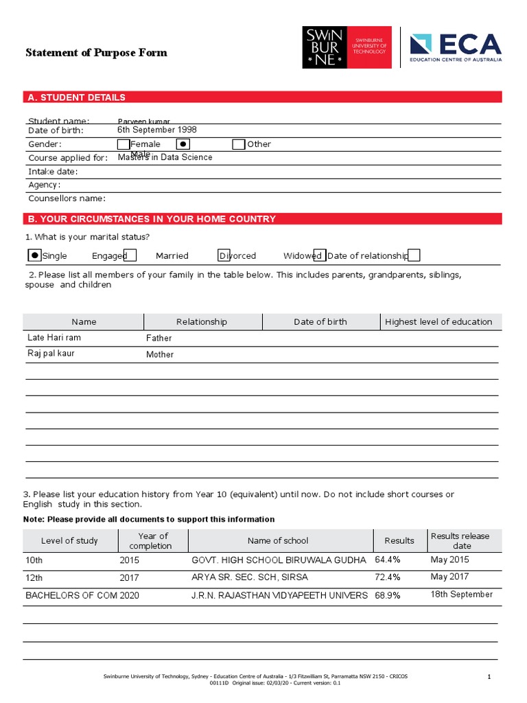 SUT Statement of Purpose Form 2020 | PDF | University | Science