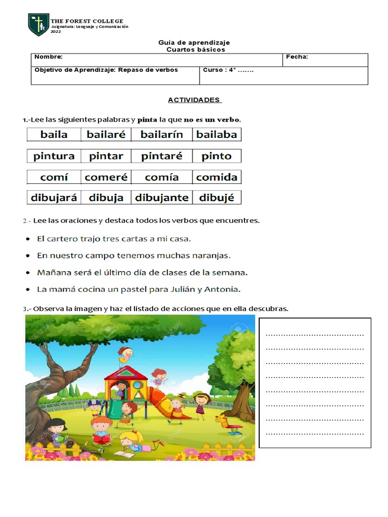 Repaso de Verbos para Cuartos Básicos | PDF | Juegos y actividades ...