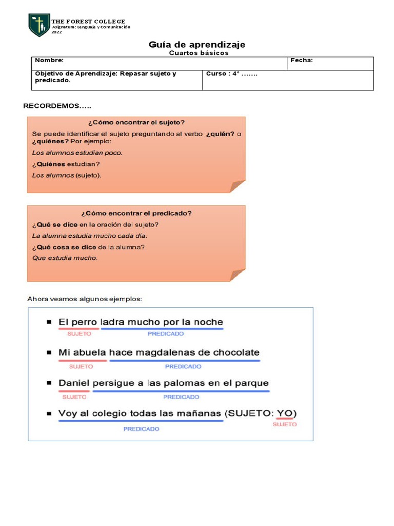 Sujeto y Predicado: Guía para Cuartos Básicos | PDF