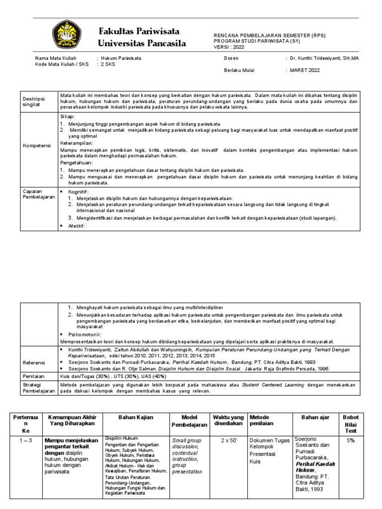 RPS Hukum Pariwisata KT 2021 | PDF