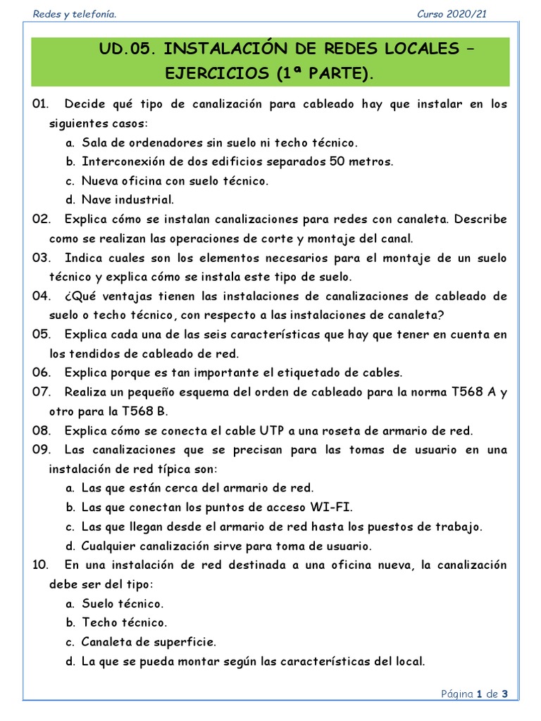 UD.05. Instalación de Redes Locales - Ejercicios (1 Parte) | PDF | Informática | Telecomunicaciones
