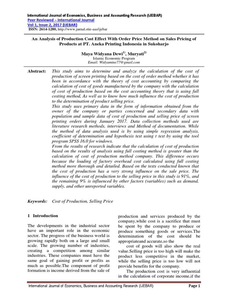 Jurnal An Analysis of Production Cost Effect With Order Price Method On ...