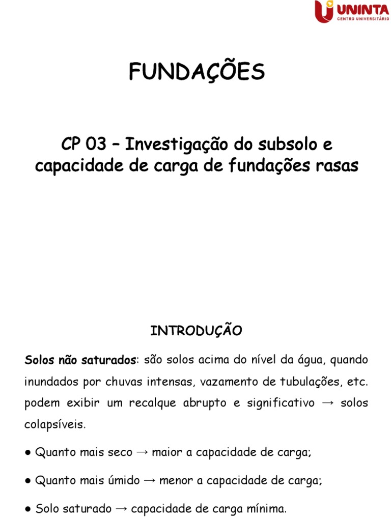 CP 03 Capacidade de Carga de Fundacoes | PDF | Estresse (Mecânica) | Solo