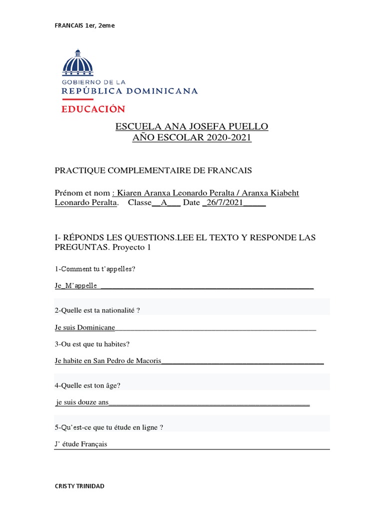 Practica Completivo Frances Francais Escuela Ana Josefa Puello Primero ...