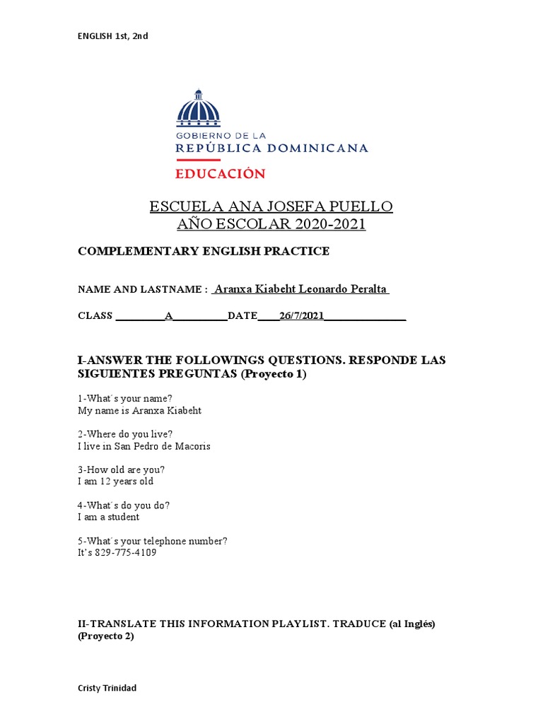 Escuela Ana Josefa Puello Practica Completiva Ingles English 2020-2021 ...