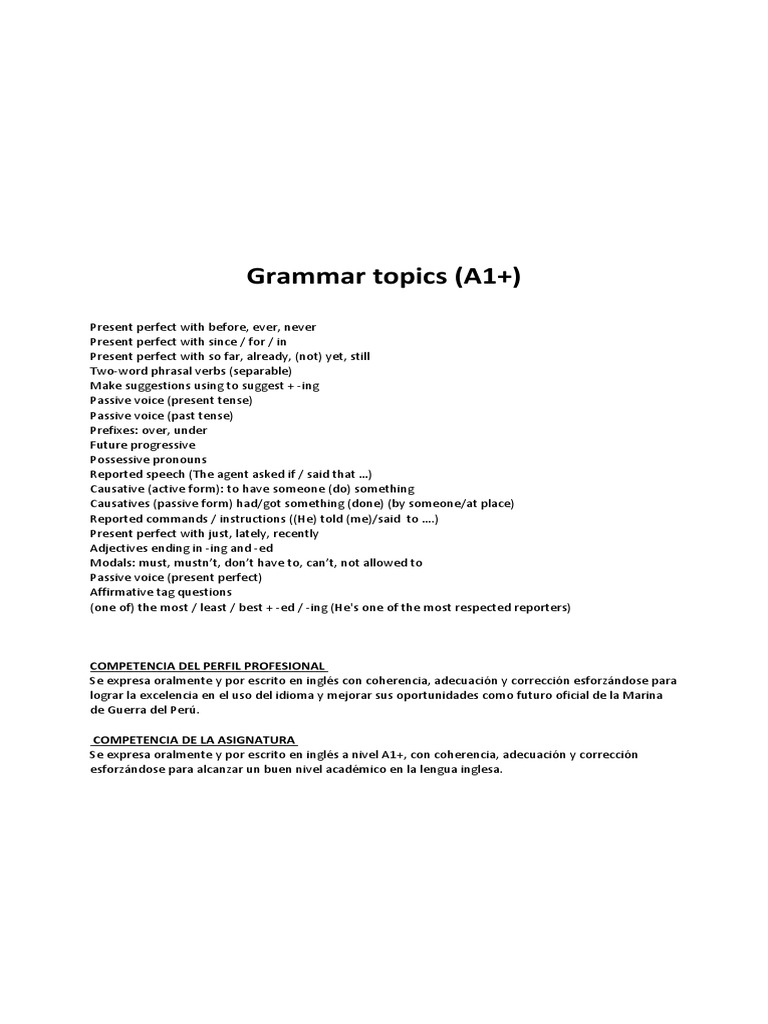 Grammar Topics (A1+) : Competencia Del Perfil Profesional | PDF