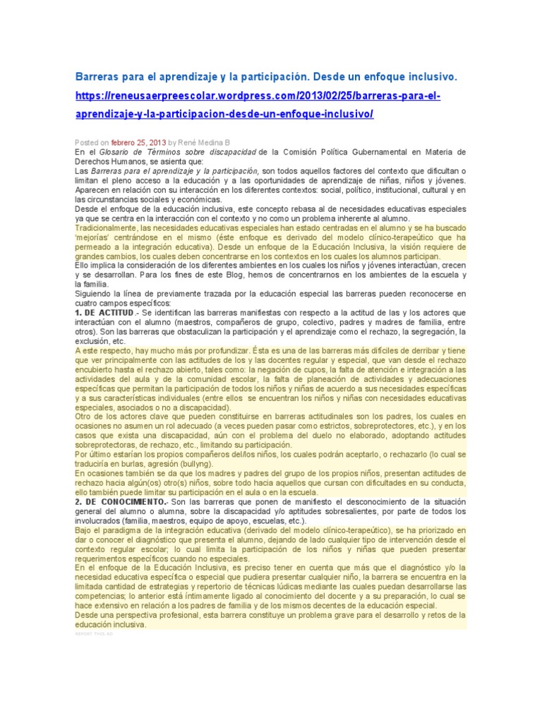 Barreras para El Aprendizaje y La Participación | PDF | Aprendizaje | Método de enseñanza
